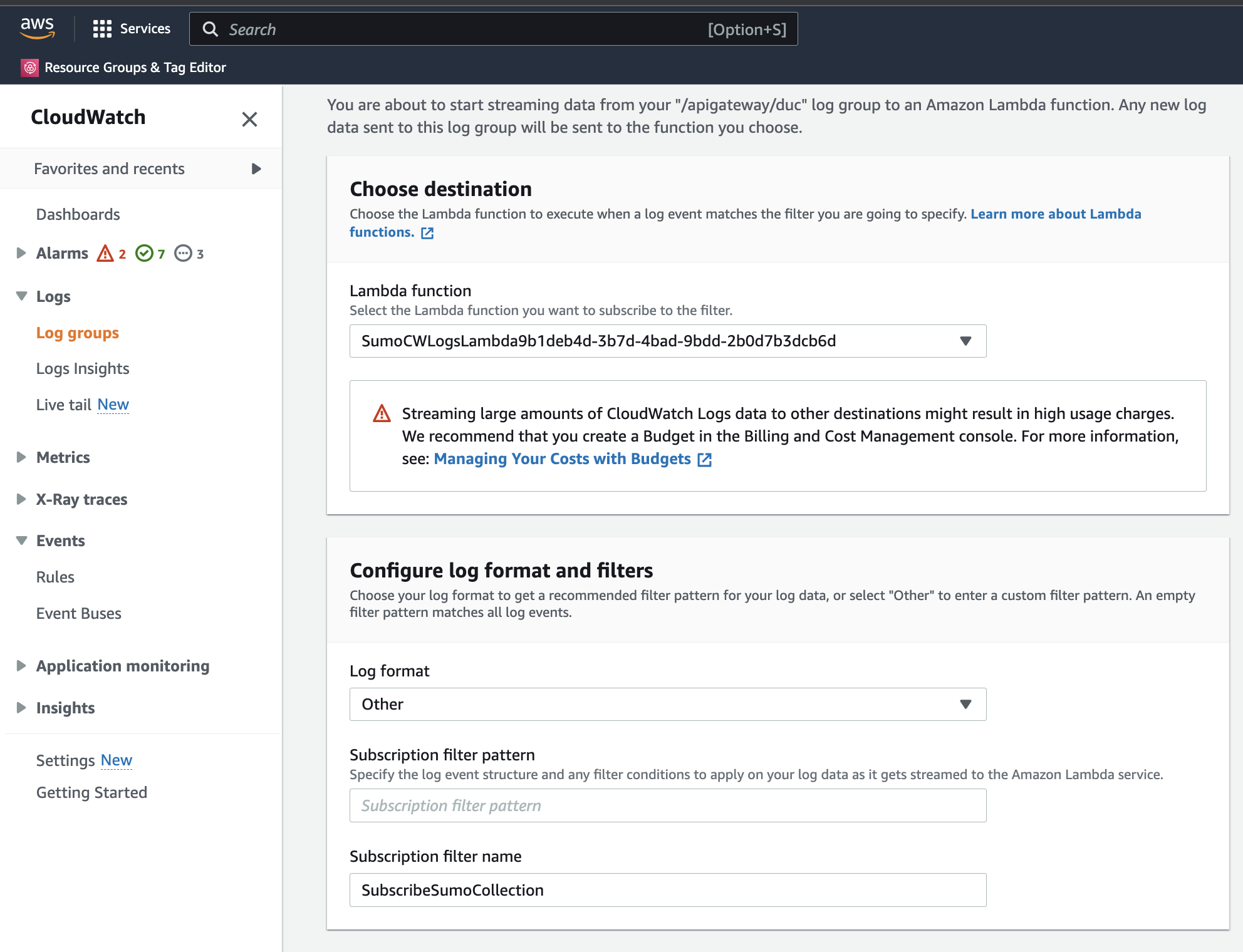 Collect Amazon CloudWatch Logs using a CloudFormation Template | Sumo Logic Docs